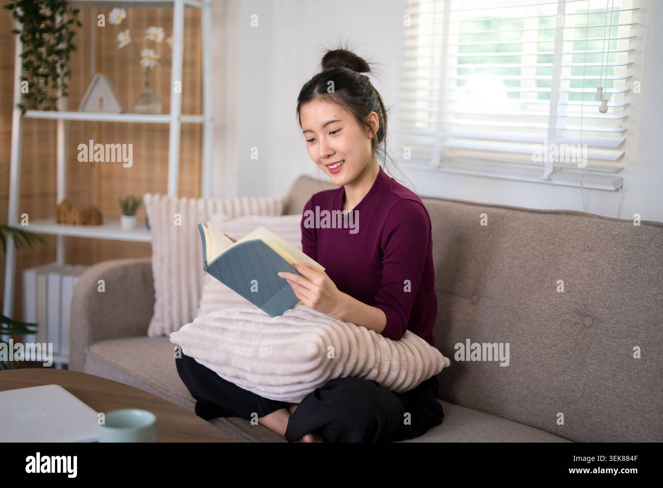 young Asian women reading book relaxing at home on sofa couch living ...
