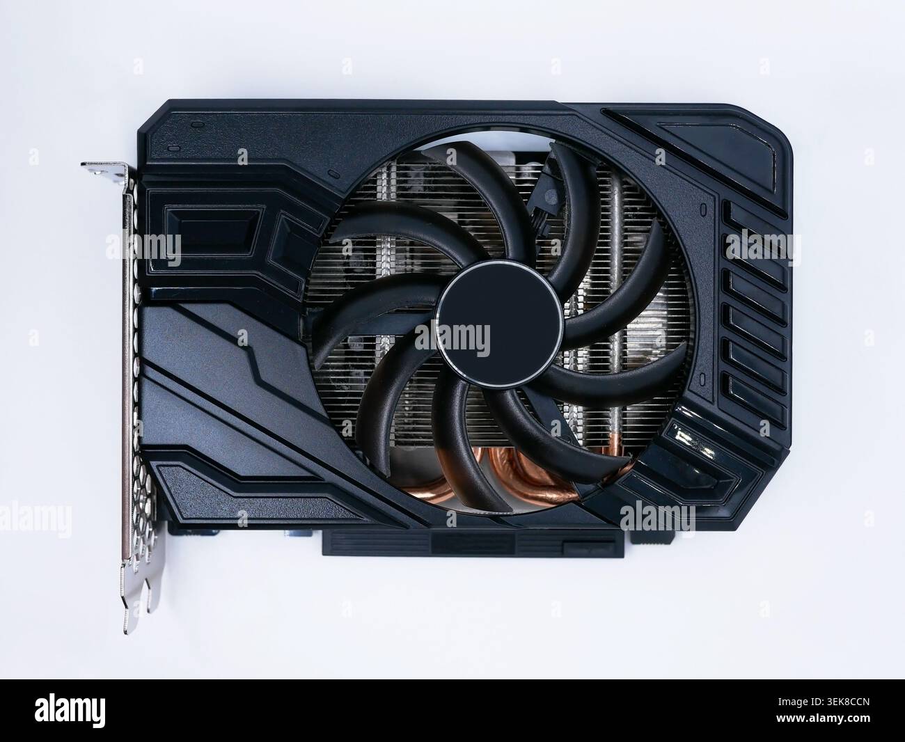Modern graphics card with fan cooler top view on white background ...