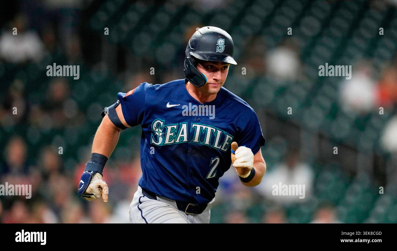 Seattle Mariners' Cole Young runs up the first base line during a ...