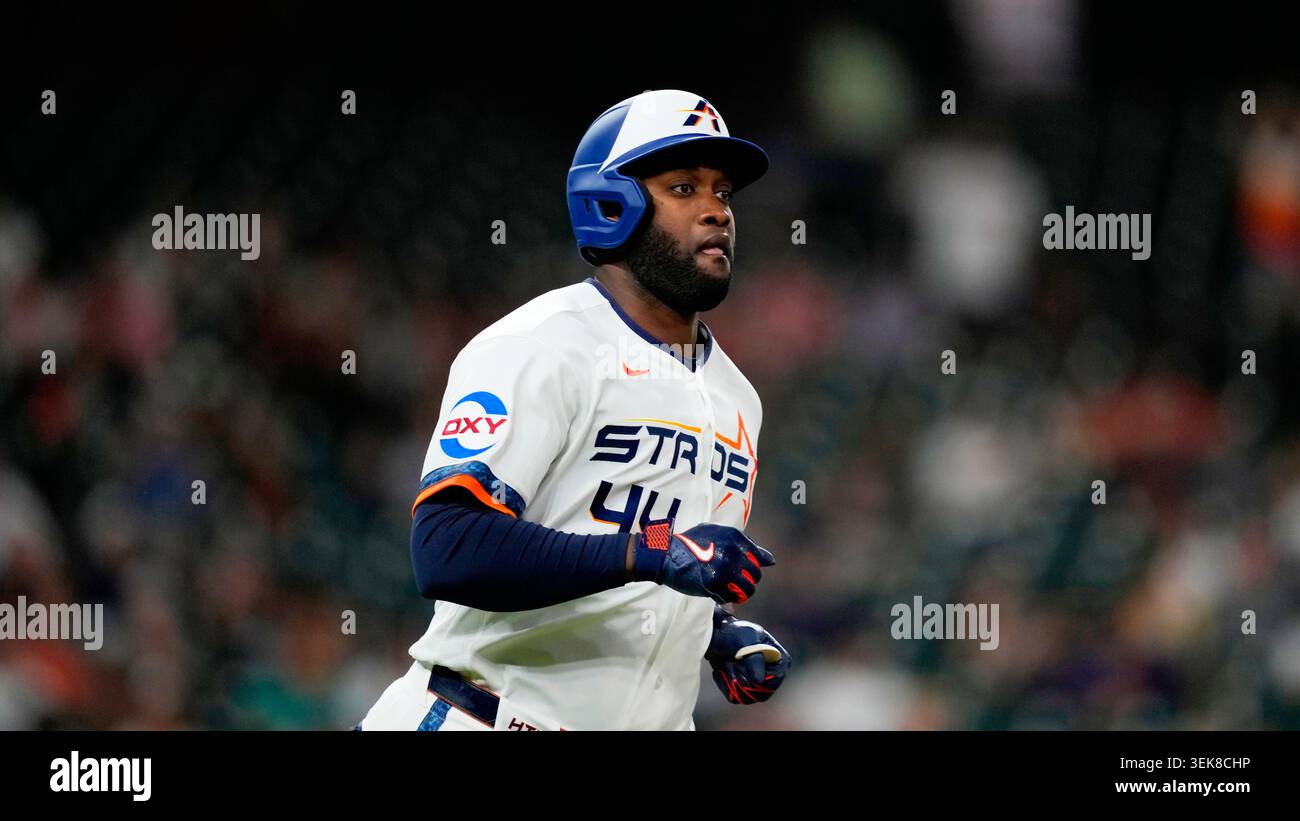 Houston Astros' Yordan Alvarez runs up the first base line during a ...