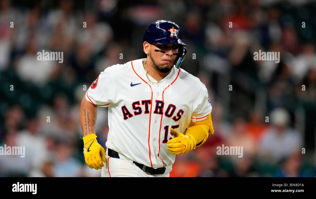 Houston Astros' Isaac Paredes runs up the first base line during a ...