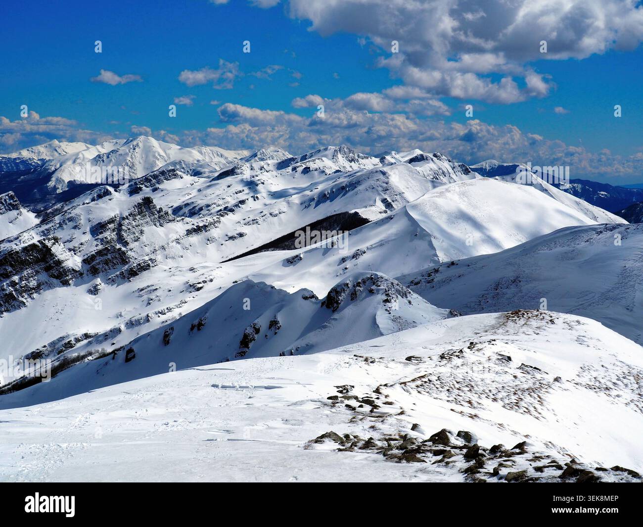 High angle panorama of snowy Apennine mountain ridges. A spectacular ...