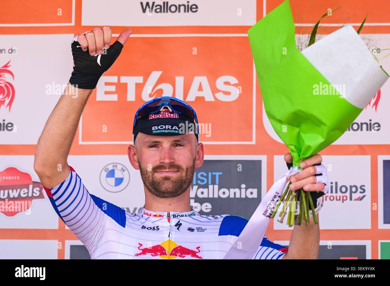 Belgian Jordi Meeus of Red Bull-BORA-hansgrohe pictured on the podium ...