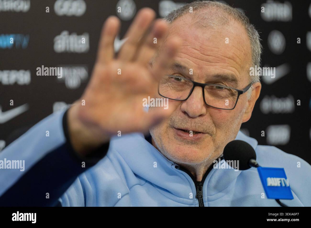 Uruguay's coach Marcelo Bielsa gestures during a press conference ahead ...