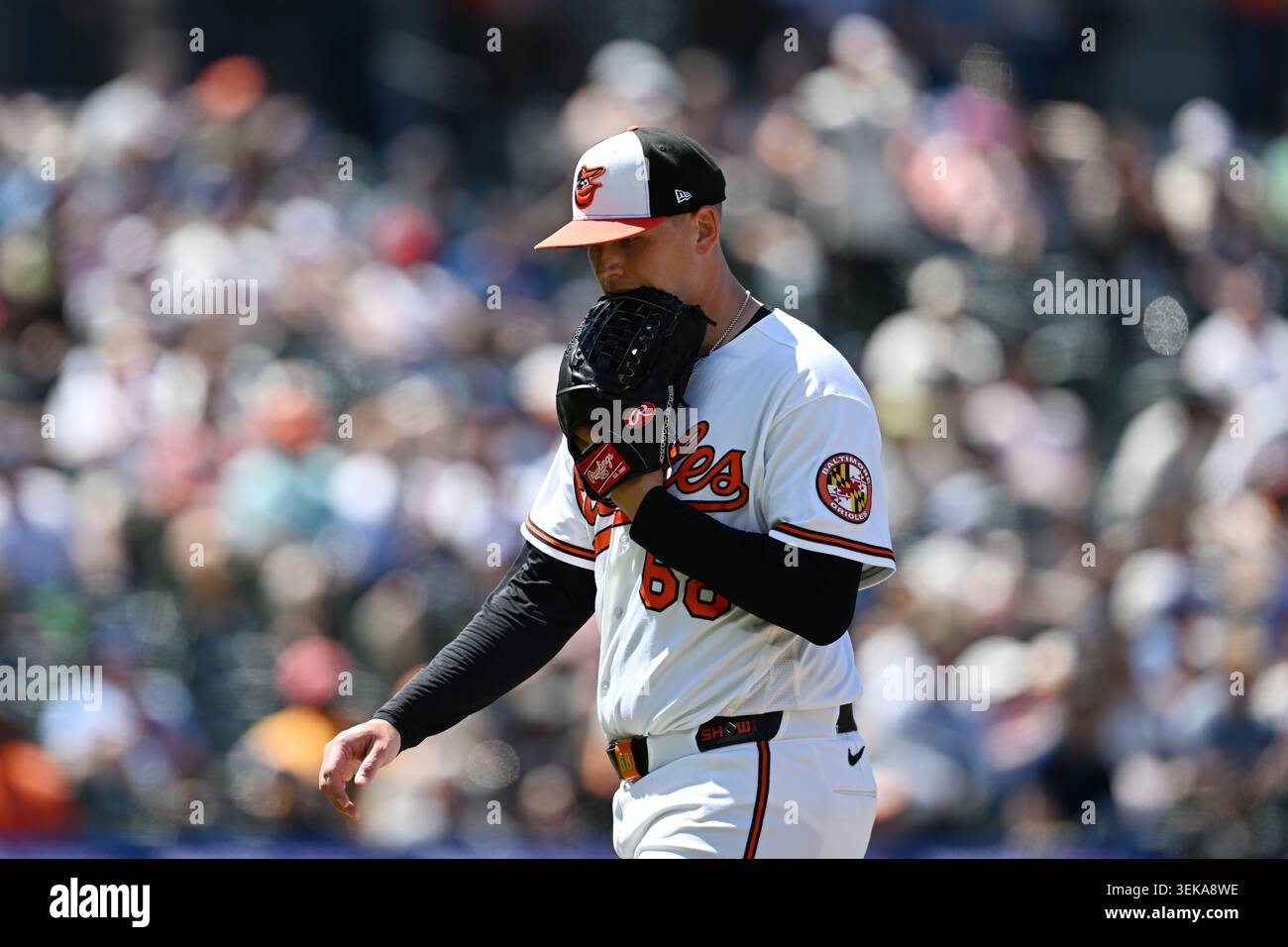 Baltimore Orioles pitcher Tyler Wells (68) walks to the dugout during a ...