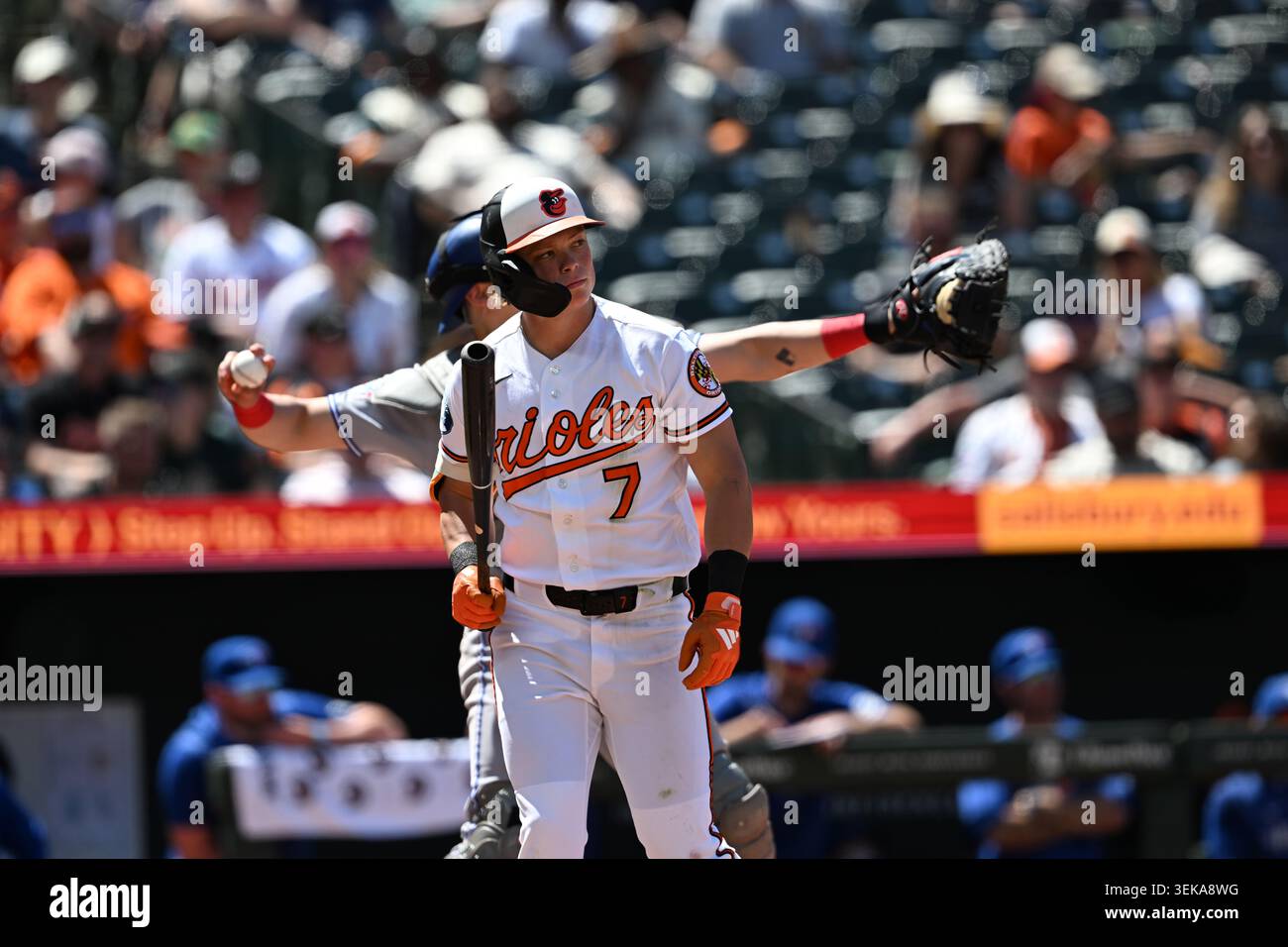 Baltimore Orioles second baseman Jackson Holliday (7) reacts after ...