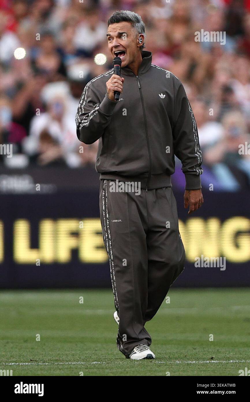 London, England, 31st May 2026. Singer Robbie Williams during the half ...