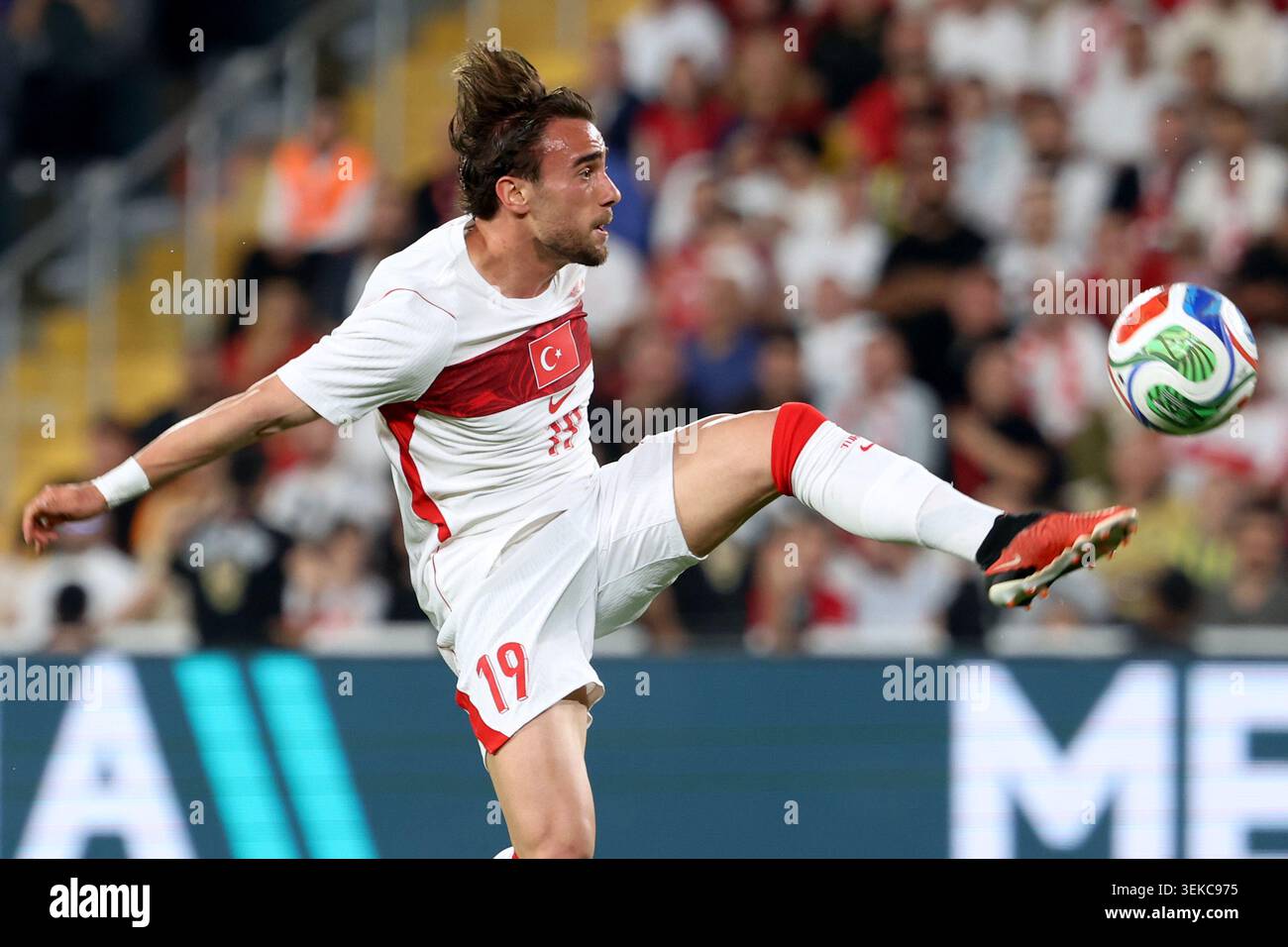 Turkey's Yunus Akgun plays the ball during a friendly soccer match ...