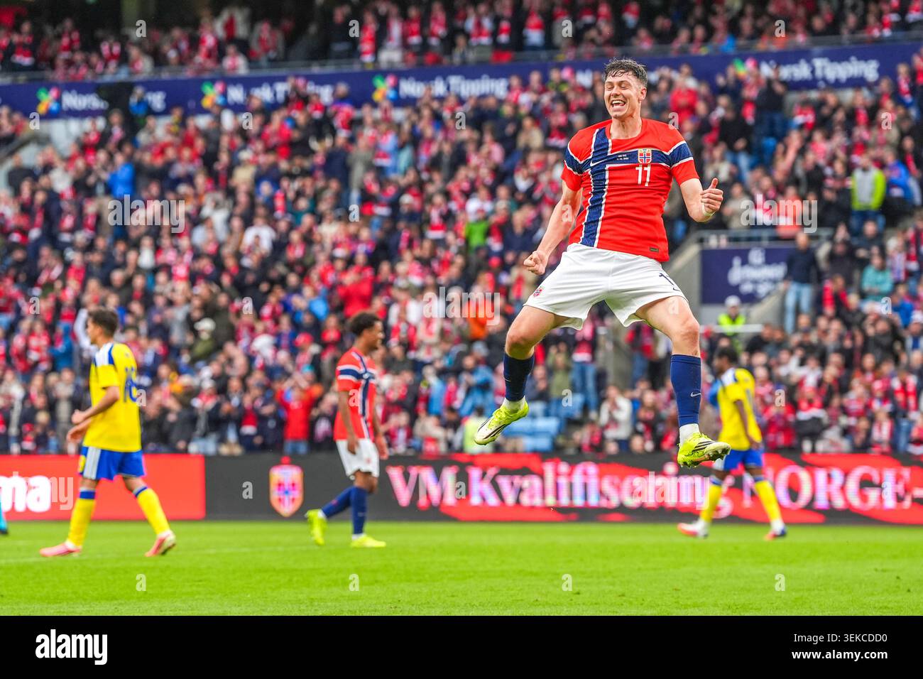 Oslo 20260601. Norway's Jørgen Strand Larsen celebrates 3-0 during the ...