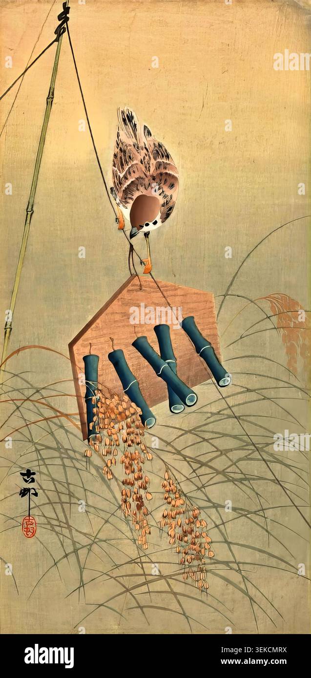 Ohara Koson – Tree Sparrow on a Scarecrow (Ringmus op vogelverschrikker ...