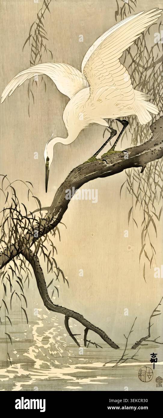 Ohara Koson – White Egret on a Tree Branch (Witte reiger op boomtak ...