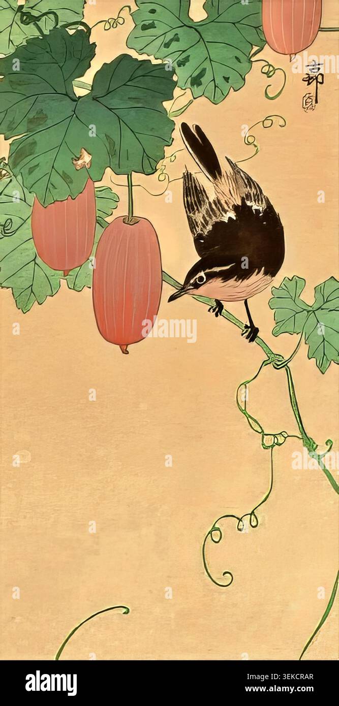 Ohara Koson – Songbird on a Plant with Red Berries (Zangvogel op plant ...