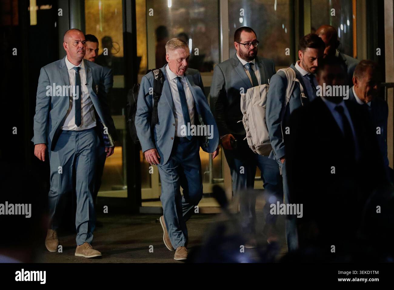 Brazil's coach Carlo Ancelotti, second from left, heads to board a bus ...