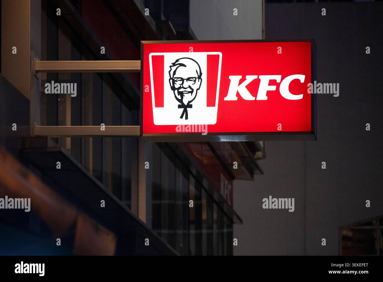 A Kentucky Fried Chicken (KFC) logo seen displayed at night outside a ...