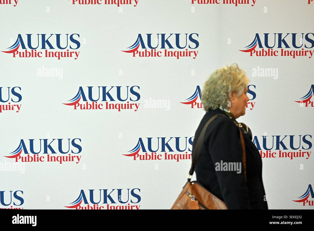 AUKUS Public Inquiry signage is seen at Parliament House in Canberra ...