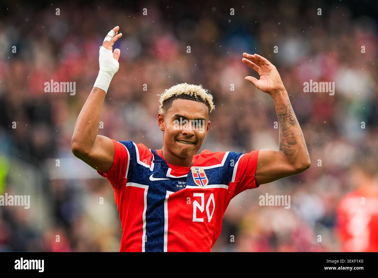 Oslo 20260601. Norway's Antonio Nusa celebrates 1-0 during the private ...