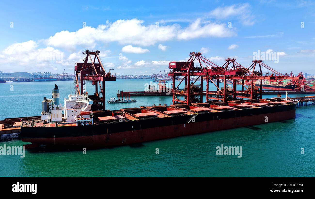 Machinery sorts and transports iron ore at Qingdao Port ore terminal in ...