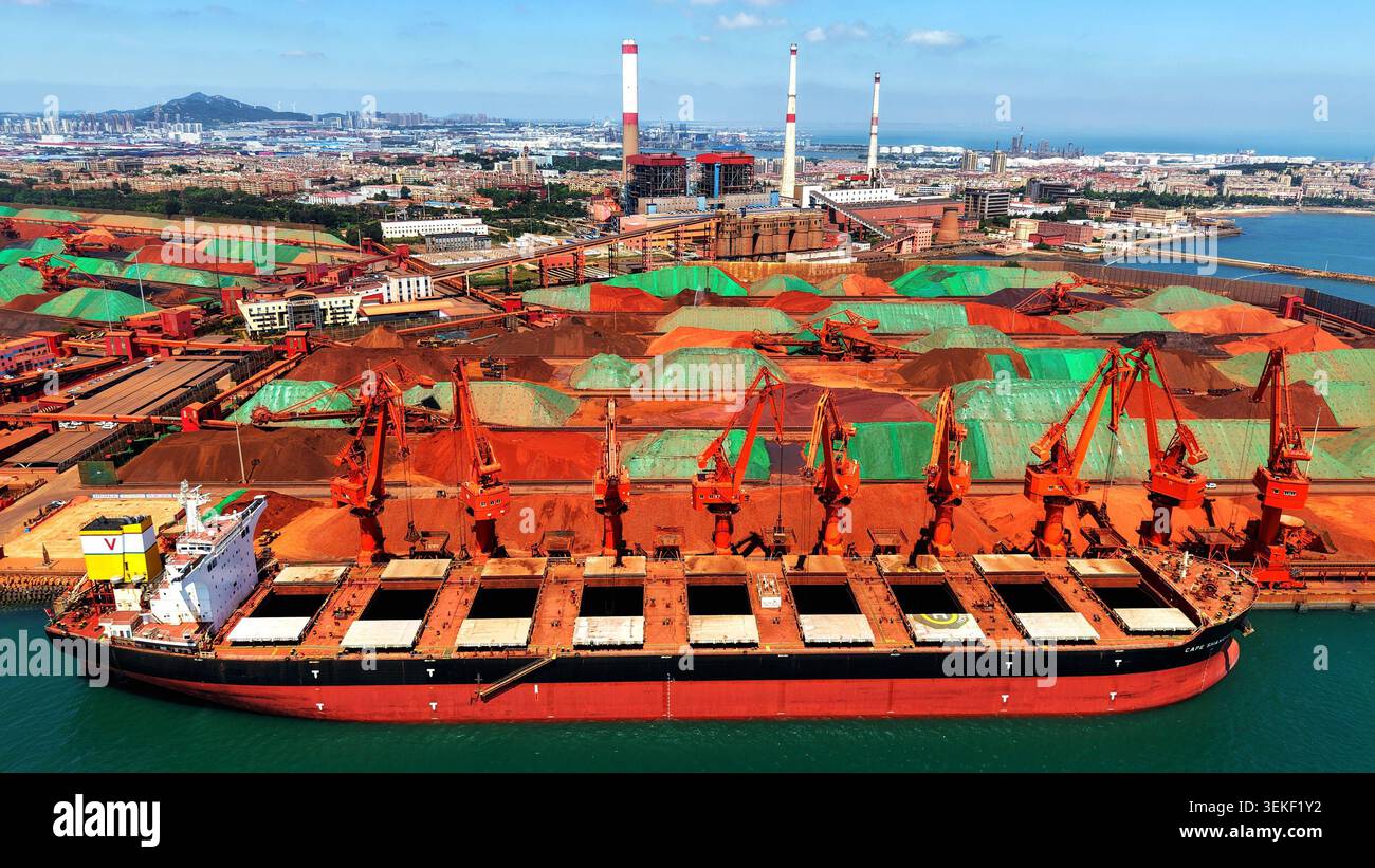 Machinery sorts and transports iron ore at Qingdao Port ore terminal in ...