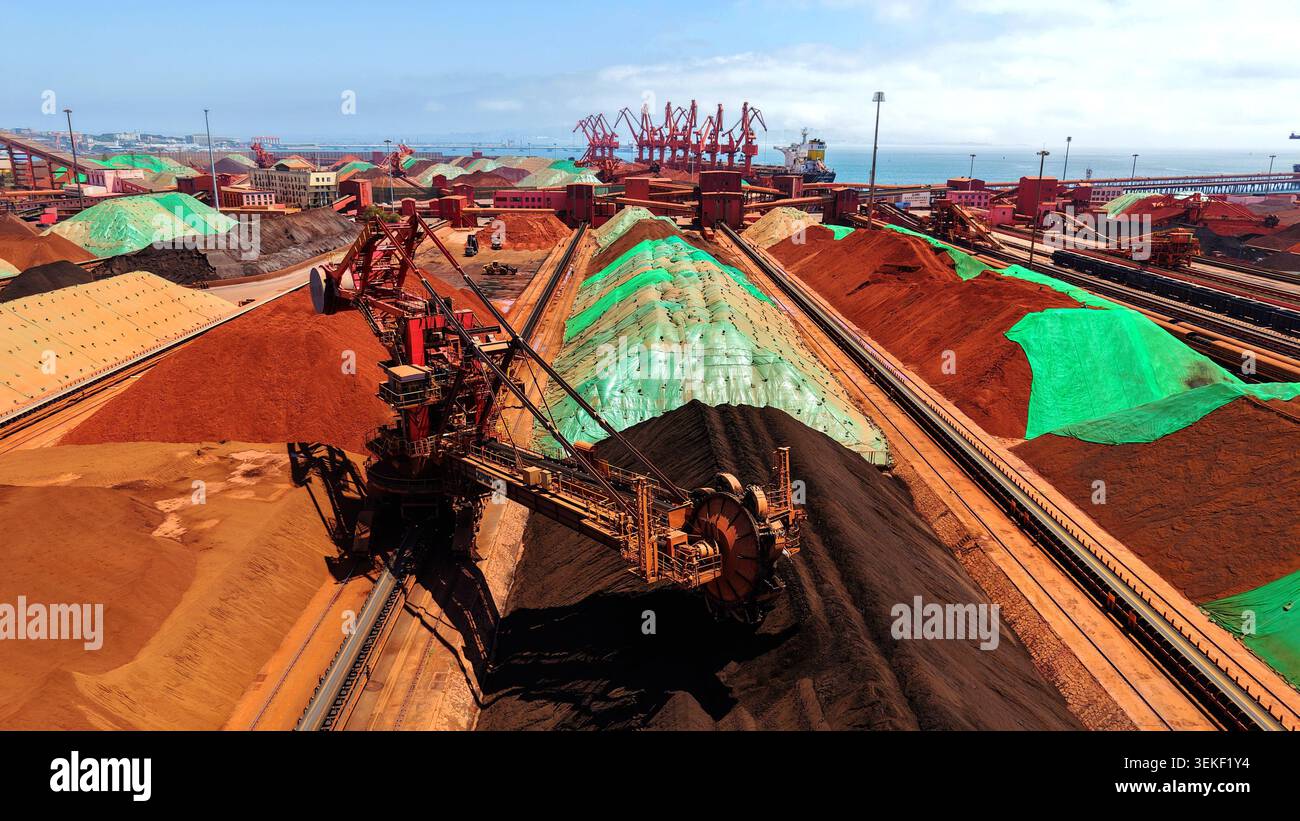 Machinery sorts and transports iron ore at Qingdao Port ore terminal in ...