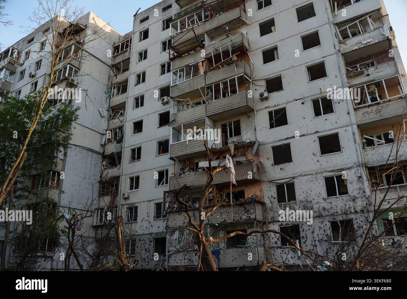 A residential apartment building damaged after a Russian strike on Kyiv ...