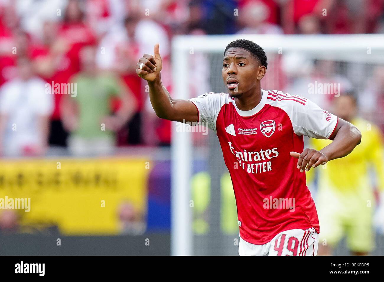 Myles Lewis-Skelly of Arsenal FC gestures during the UEFA Champions ...