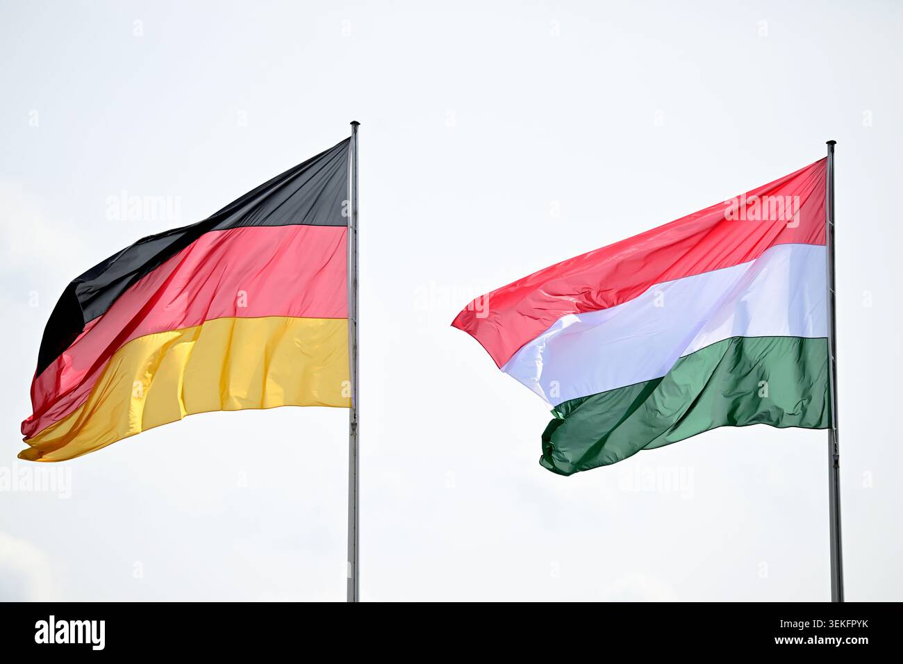 02 June 2026, Berlin: The German and Hungarian national flags can be ...