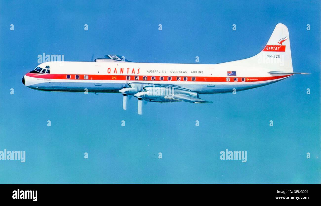 A vintage 1960's postcard image of a Qantas prop-jet VH-ECB. Lockheed ...