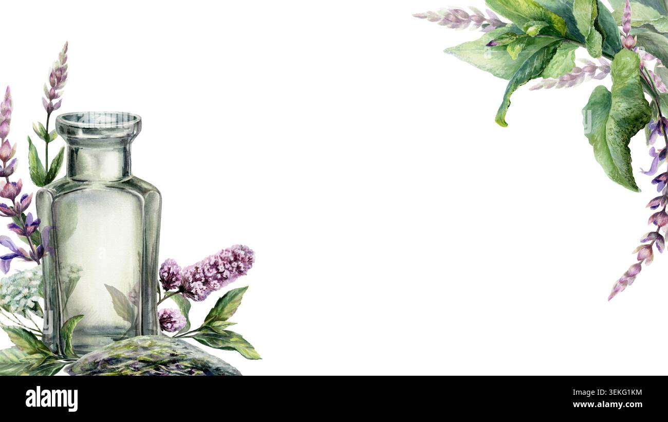 Watercolor herbal tea banner template with glass bottle, mint, sage and ...