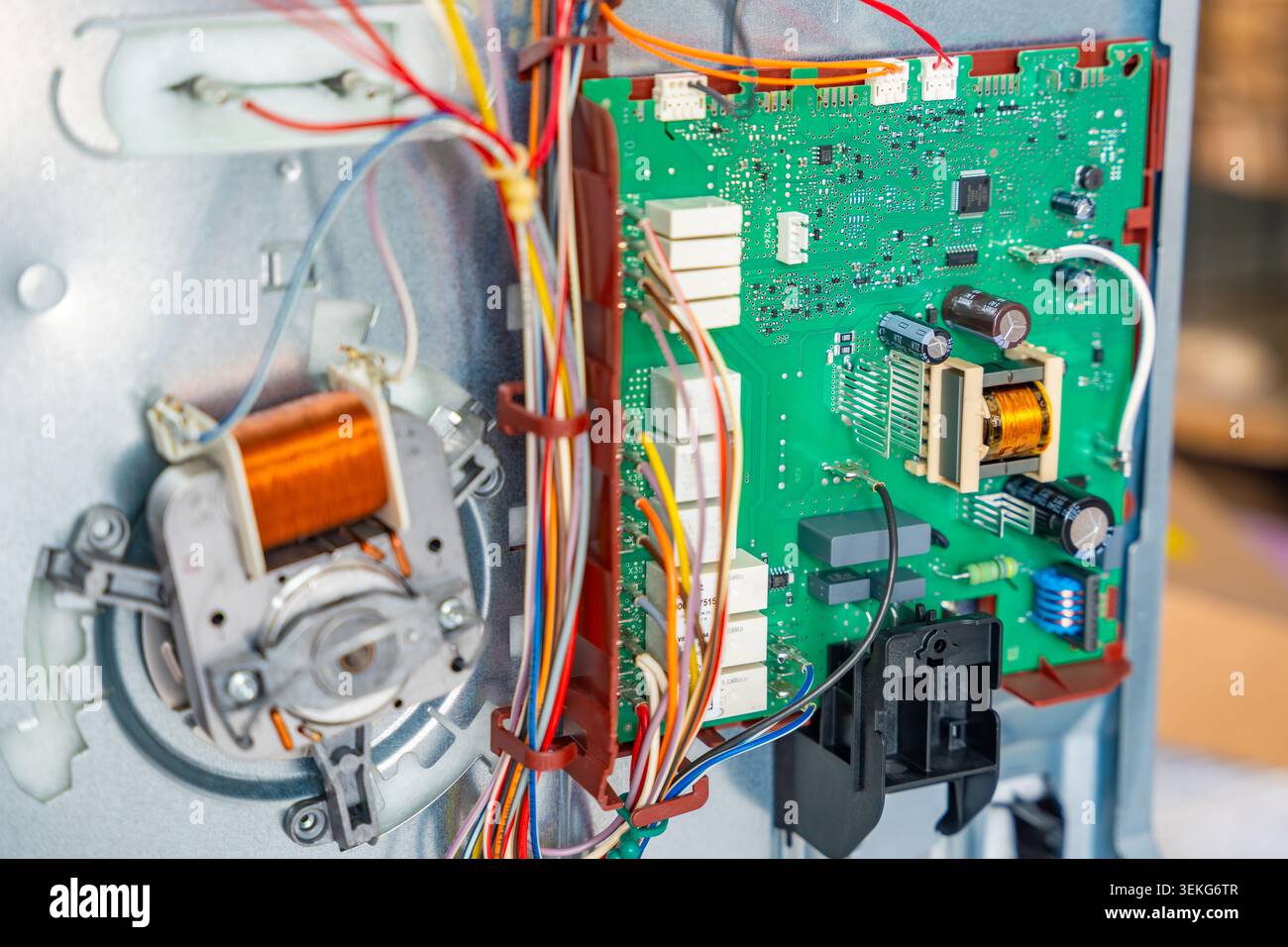 Close up view of internal electronic components inside disassembled ...
