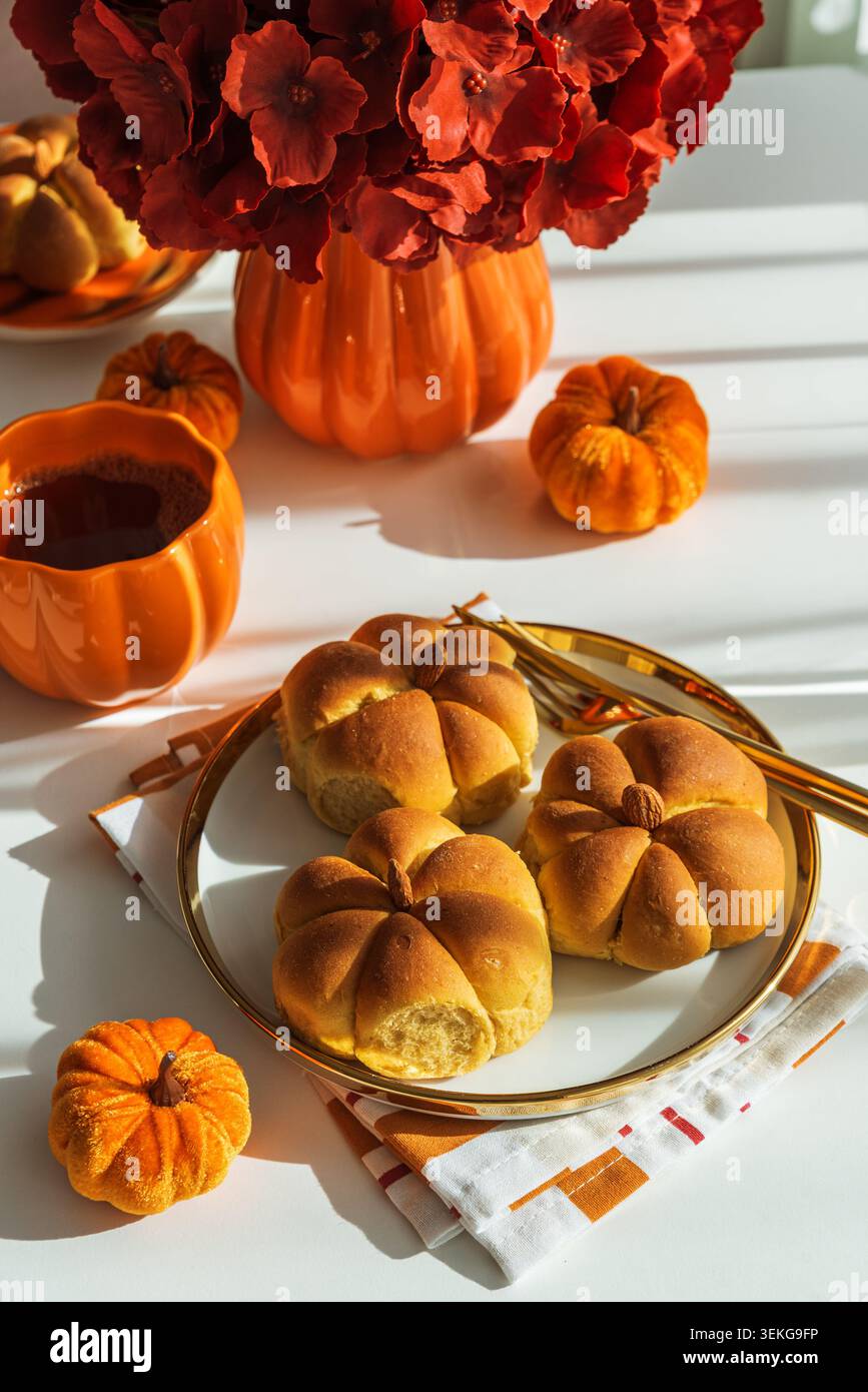 Autumn Table Setting with Pumpkin Shaped Buns with Cinnamon, Mug ...