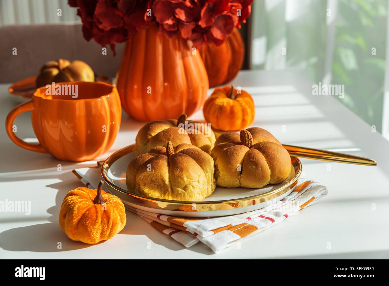 Autumn Table Setting with Pumpkin Shaped Buns with Cinnamon, Mug ...