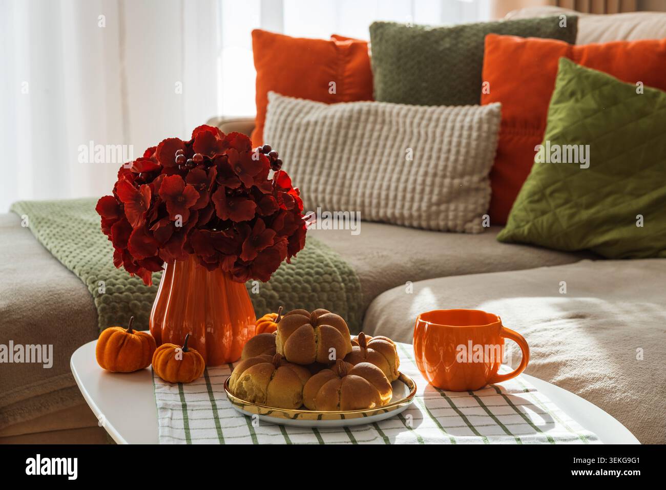 Autumn Table Setting with Pumpkin Shaped Buns with Cinnamon, Mug ...