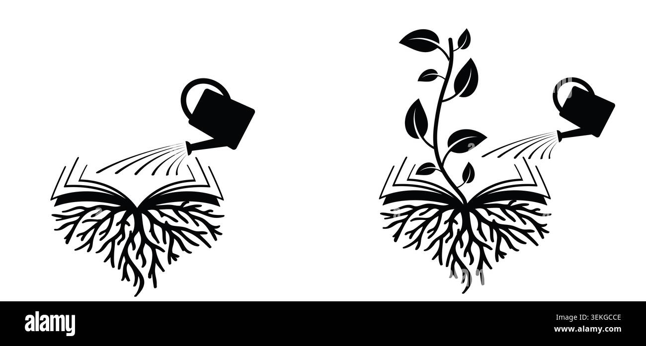 Young plant in an open book and pages. Tree roots and books. Learning ...