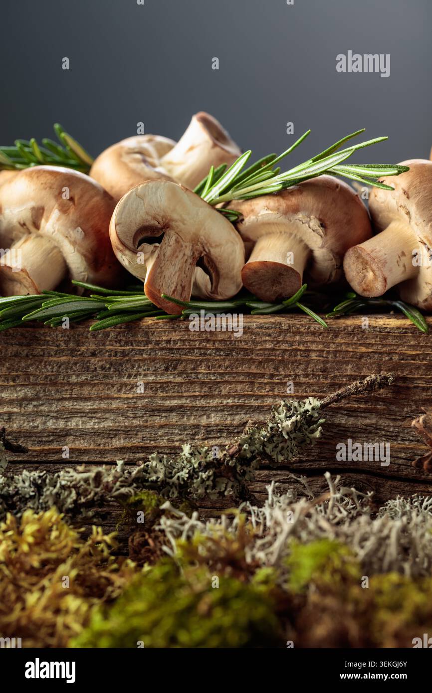 Mushrooms on a old wooden board. Champignon with rosemary. Copy space ...