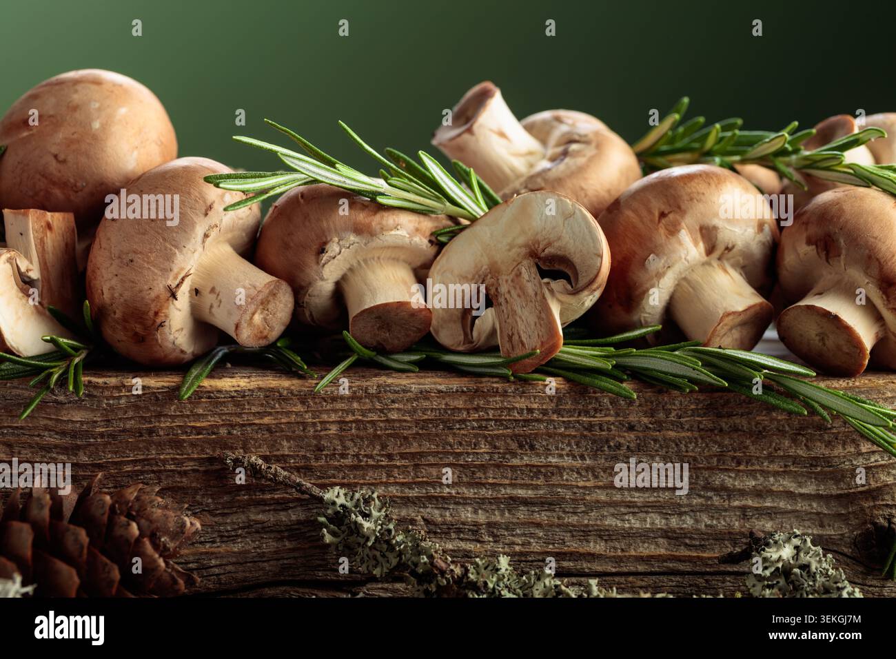 Mushrooms on a old wooden board. Champignon with rosemary. Copy space ...