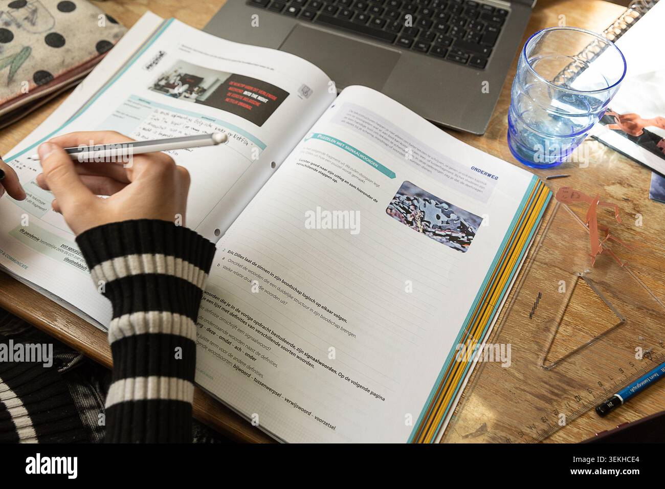 a teenager doing her homework at home after school, in Sint-Denijs ...
