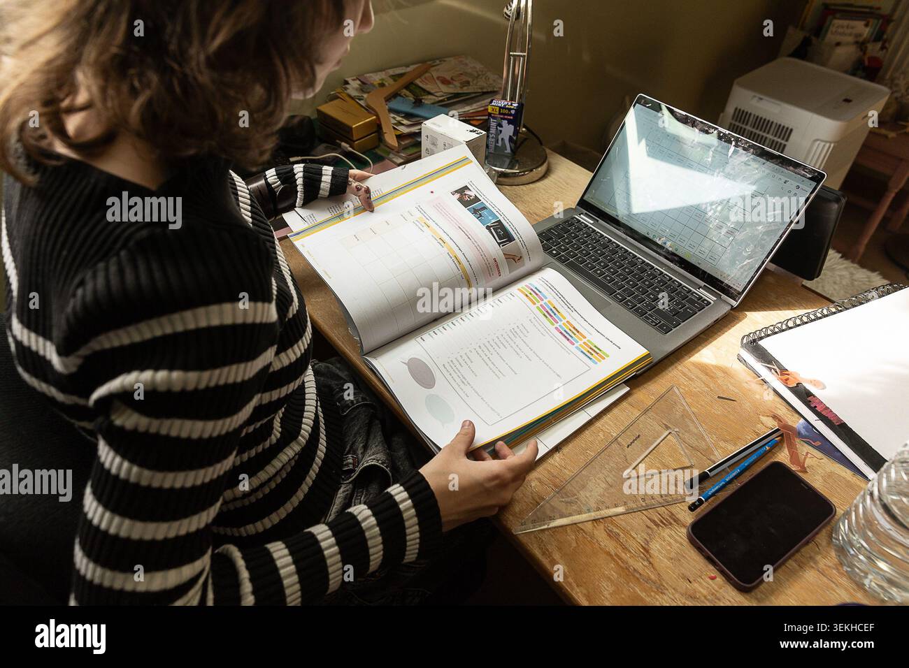 Illustration picture shows a teenager doing her homework at home after ...