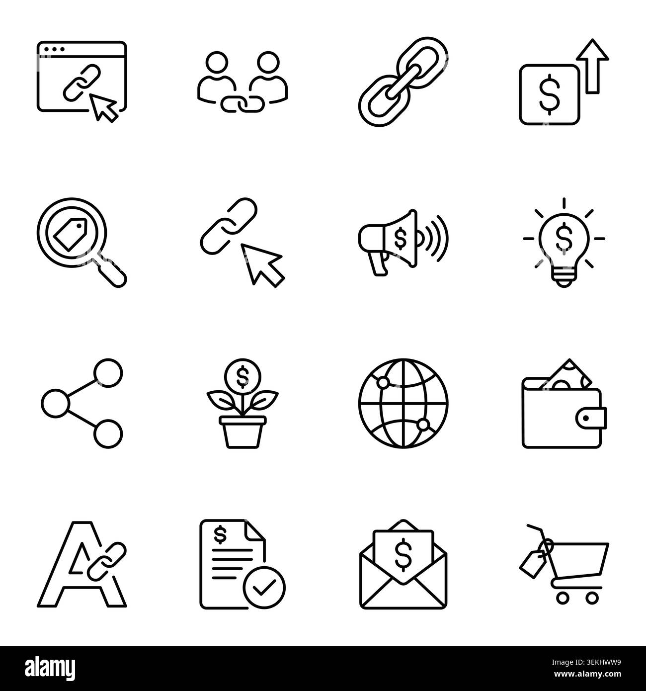 Affiliate marketing and digital business monetization line icon set ...