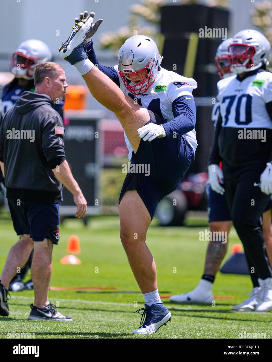 New England Patriots Caleb Lomu during an NFL football training camp ...