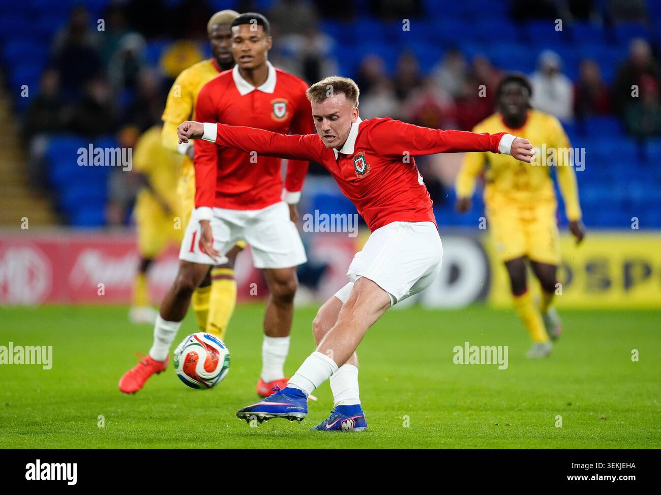 Wales' Isaak Davies attempts a shot on goal during the international ...