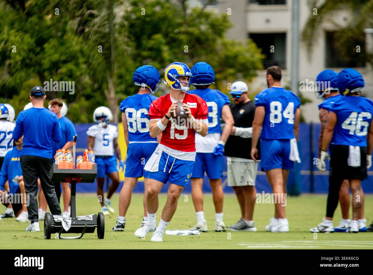 Los Angeles Rams quarterback Ty Simpson (32) during OTA’s on Thursday ...