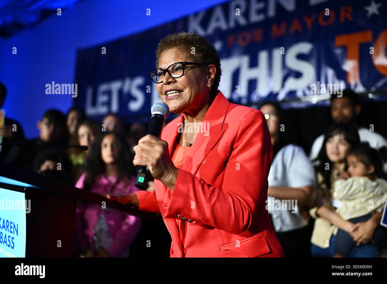 Los Angeles Mayor Karen Bass speaks during an election night event ...