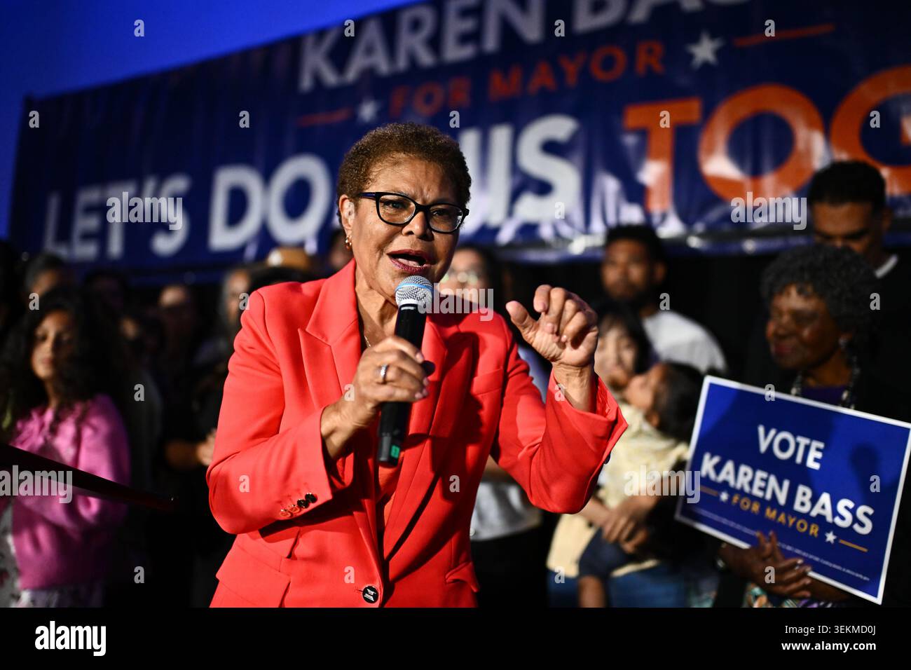 Los Angeles Mayor Karen Bass speaks during an election night event ...