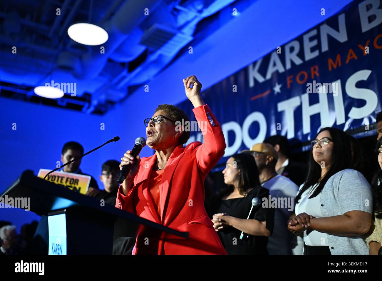 Los Angeles Mayor Karen Bass speaks during an election night event ...