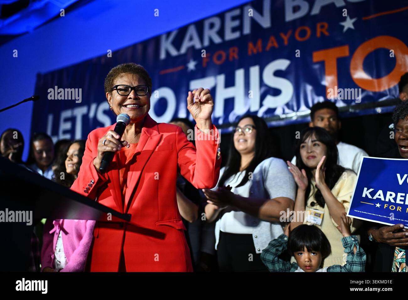 Los Angeles Mayor Karen Bass speaks during an election night event ...