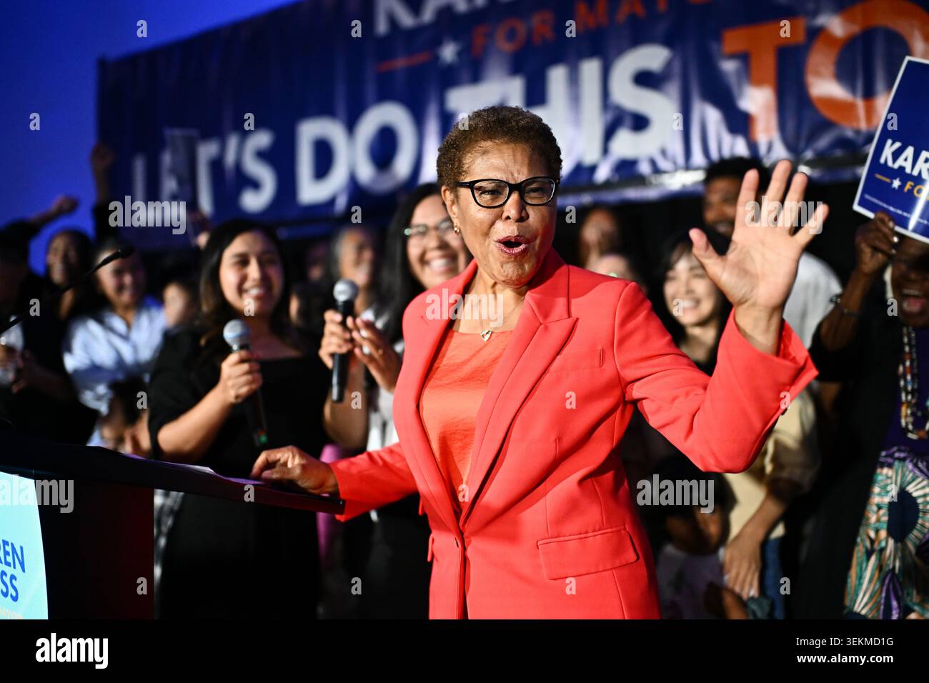 Los Angeles Mayor Karen Bass speaks during an election night event ...