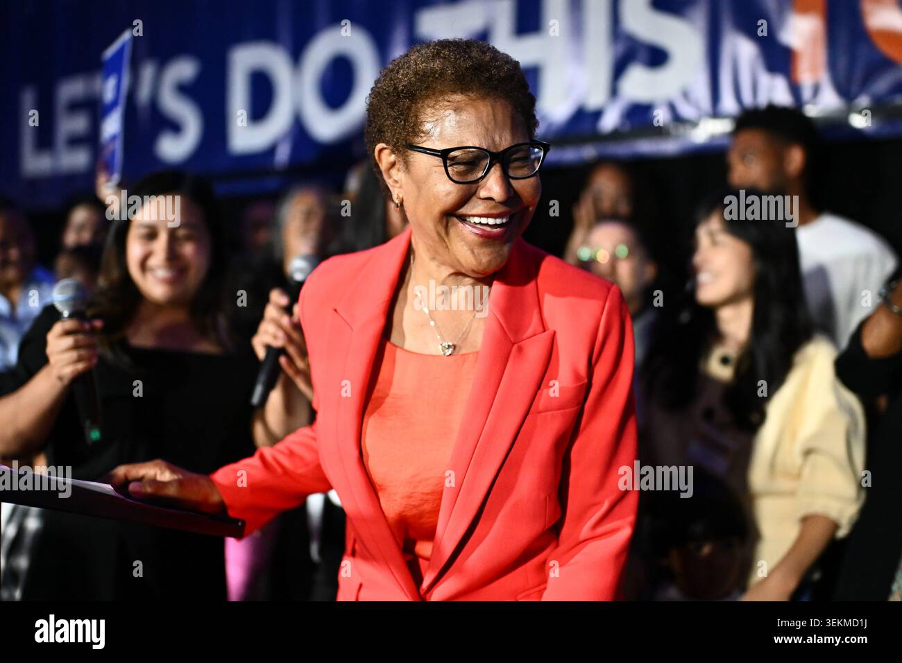 Los Angeles Mayor Karen Bass speaks during an election night event ...