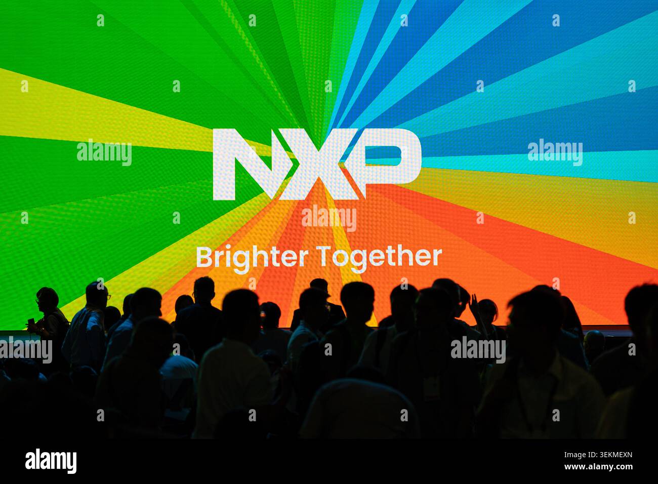 An NXP Semiconductors logo on the screen at a keynote at Computex 2026 ...