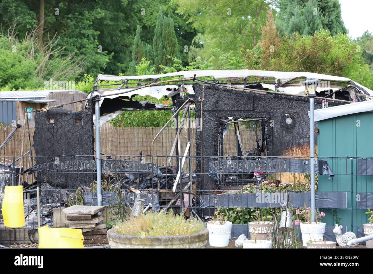 03 June 2026, North Rhine-Westphalia, Niederkrüchten: View of burnt-out ...
