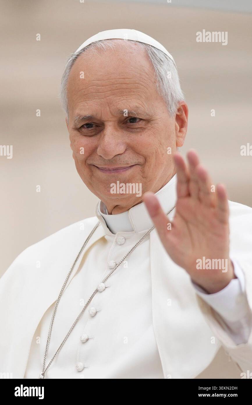Pope Leo XIV waves as he arrives for his weekly general audience in St ...